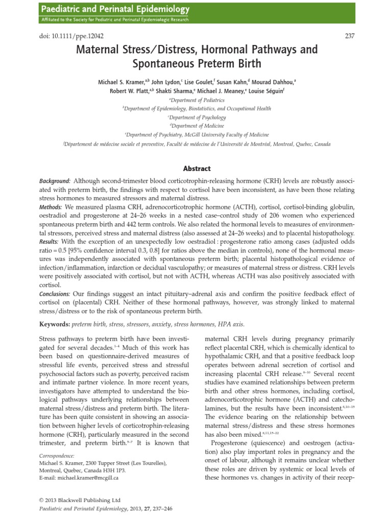 Maternal Stress Distress, Hormonal Pathways and Spontaneous Preterm ...