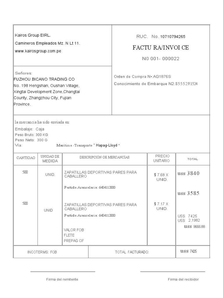 Modelo de Factura Comercial Commercial Invoice Llenada | PDF
