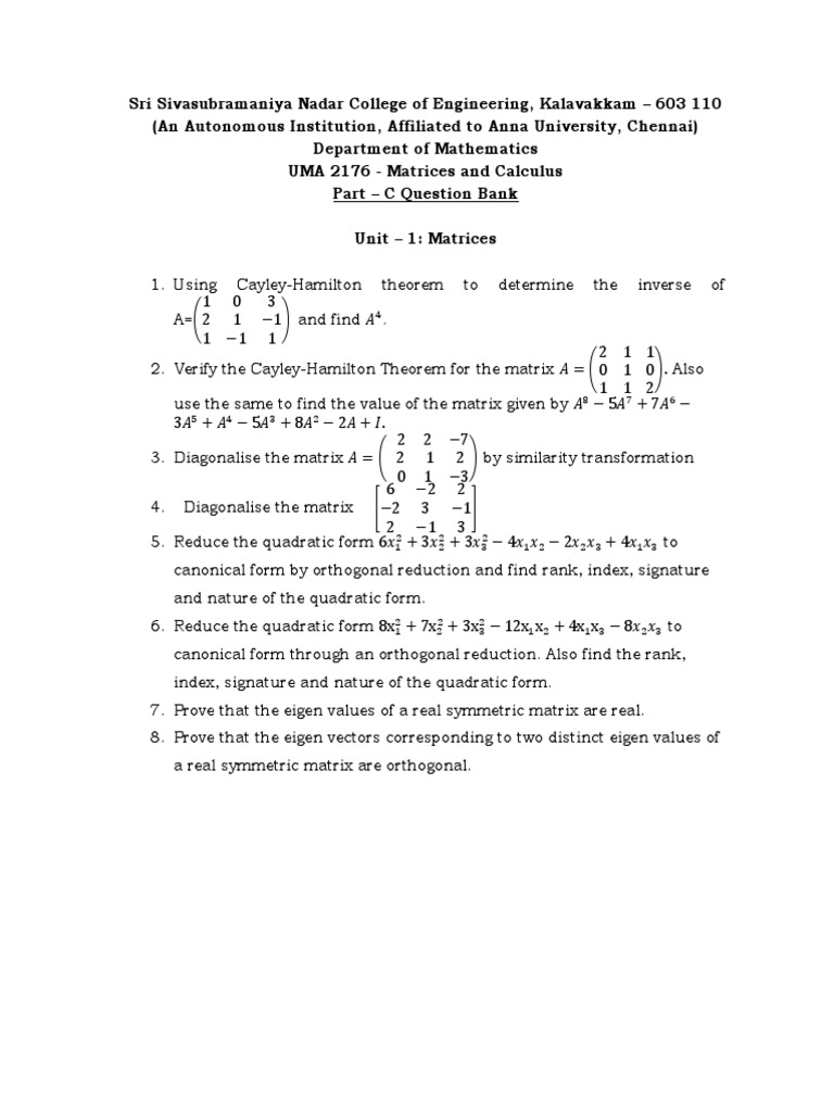 Part - C Questions | PDF | Matrix (Mathematics) | Eigenvalues And Eigenvectors