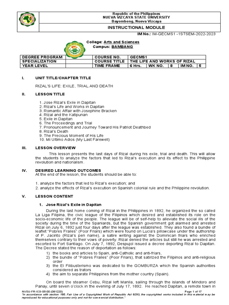 The Life and Works of Rizal MODULE Week 8 | PDF