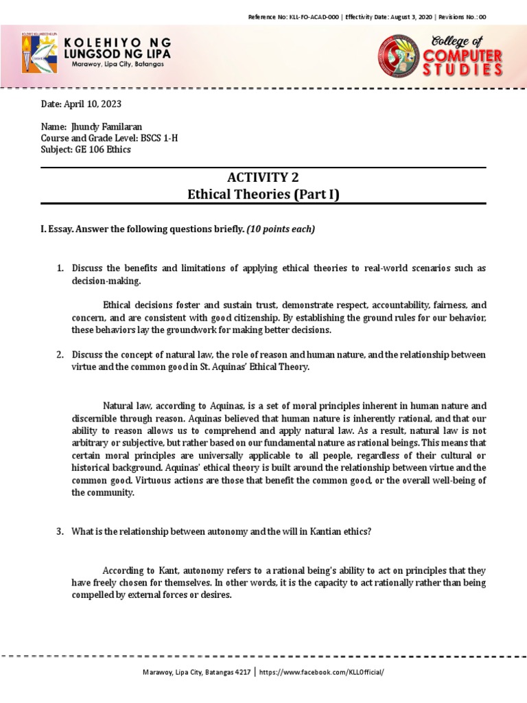 GE 106 Ethics ACTIVITY 3 | PDF | Rationality | Natural Law