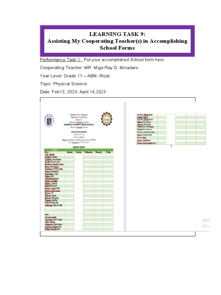 Learning Task 9: Assisting My Cooperating Teacher(s) in Accomplishing ...