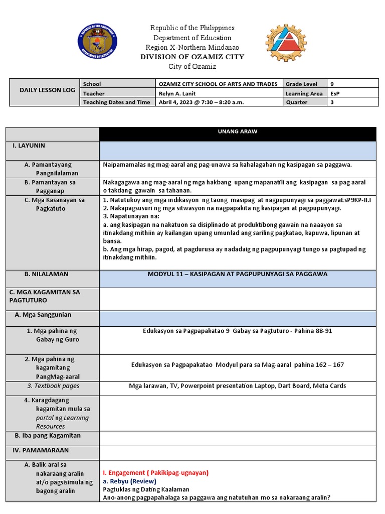 Semi Detailed Lesson Plan EsP9 | PDF