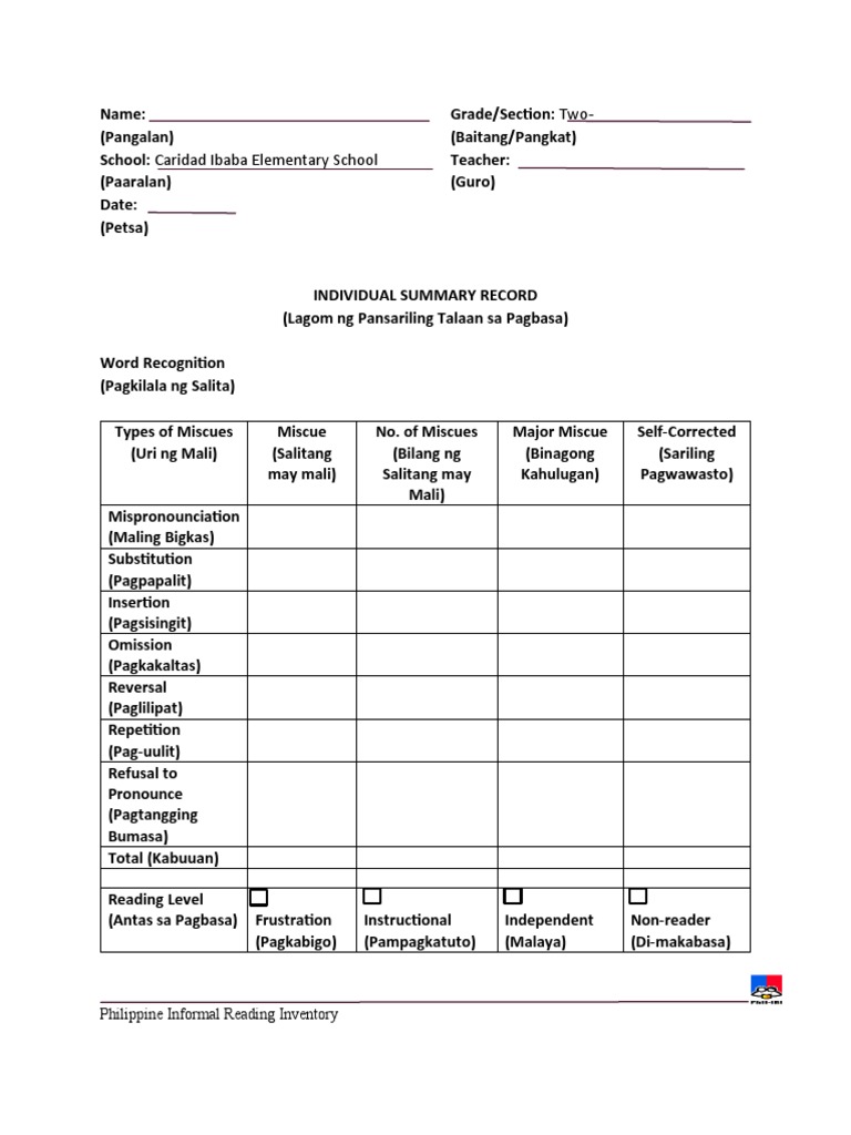 Table To Administer Phil-Iri | PDF