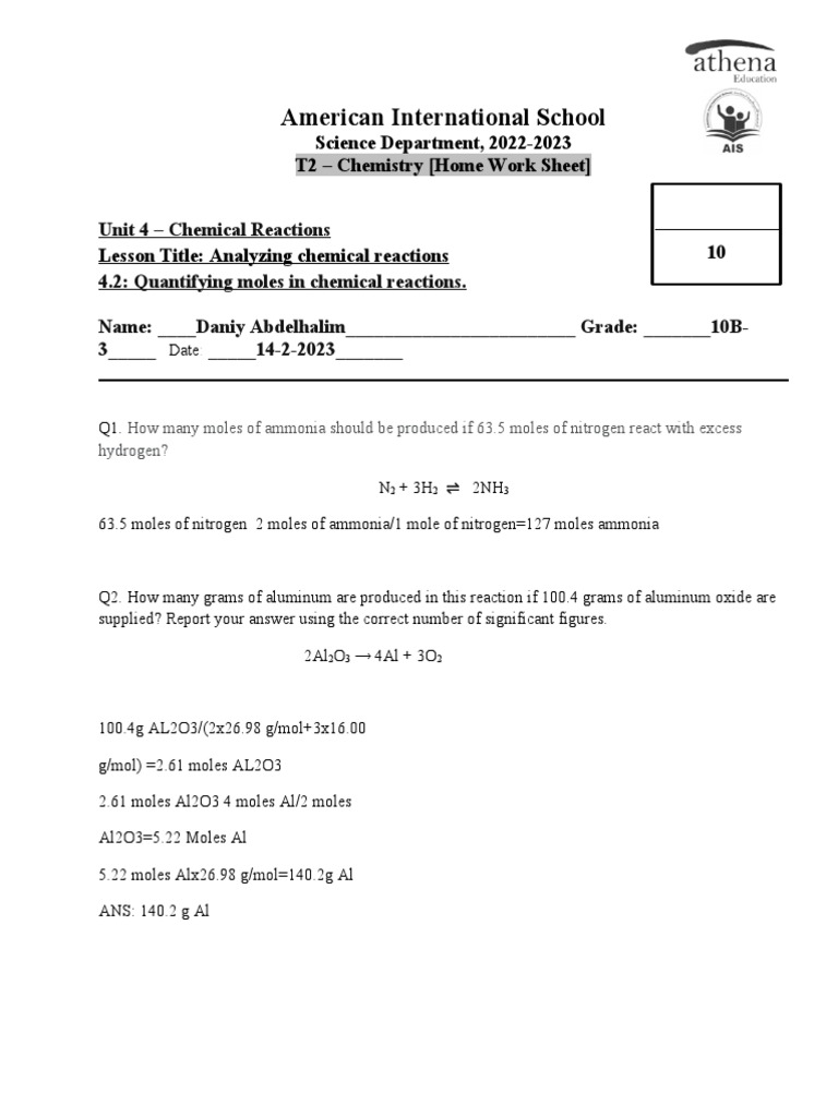 Home Work 3-T2-4.2 Quantifying Moles in Chemical Reactions. | PDF