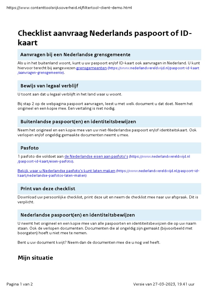 Checklist Aanvraag Nederlands Paspoort of Id Kaart | PDF
