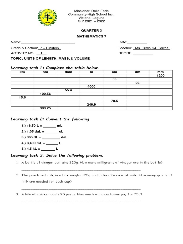 Grade 7 - Units of Measurement Activity | PDF