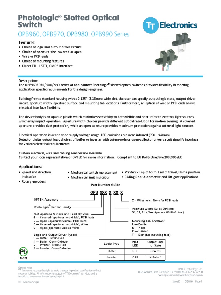 Opb 9Xx X XX X Part Number Guide: 55, 51, 11 (See Aperture Width Guide ...