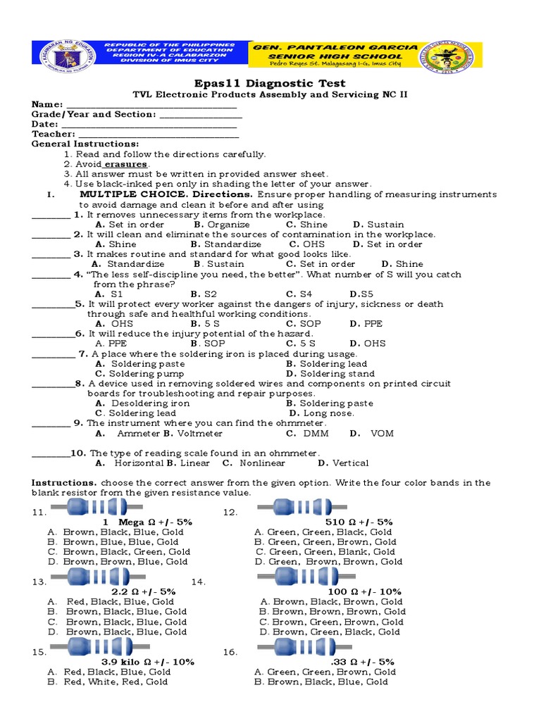 Epas11 Diagnostic Test: MULTIPLE CHOICE. Directions | PDF | Voltage ...