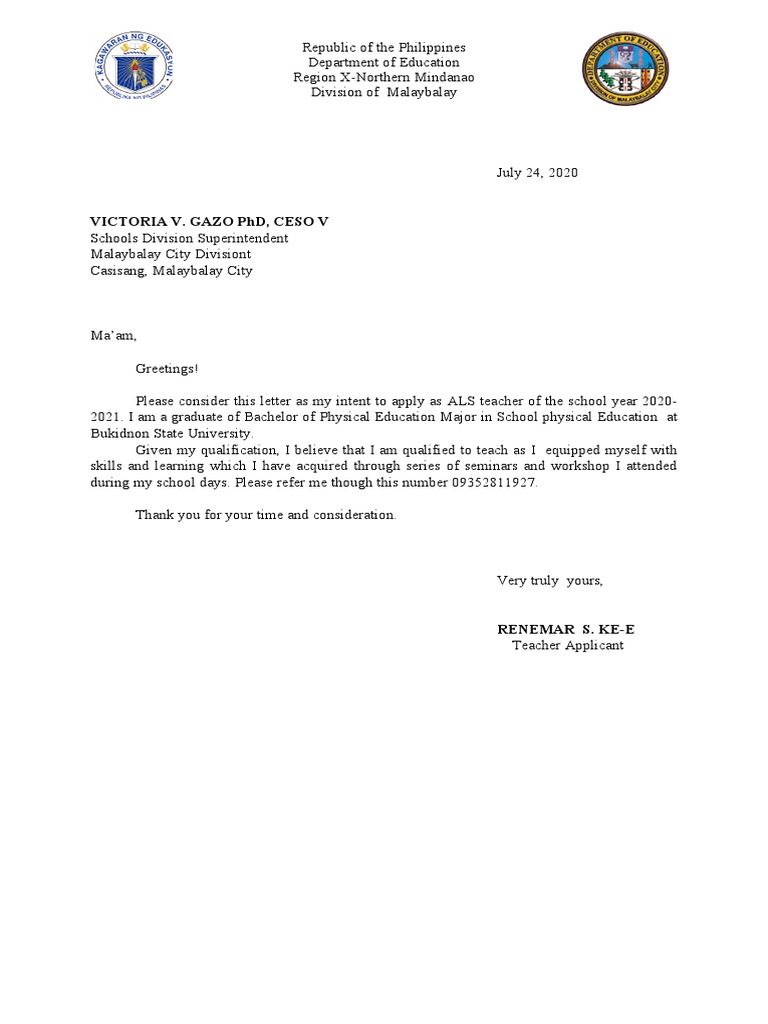 Letter of Intent to Apply as an Alternative Learning System Teacher for ...