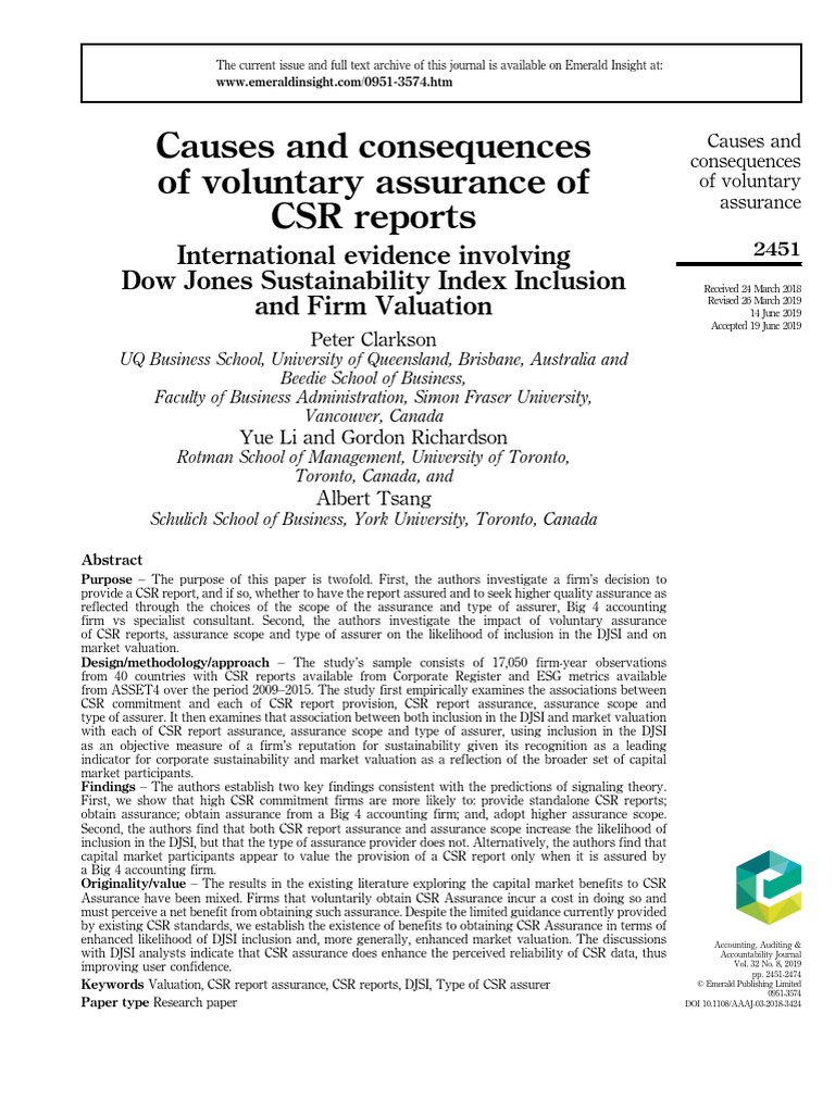 Causes and Consequences of Voluntary Assurance of CSR Reports | PDF | Corporate Social ...