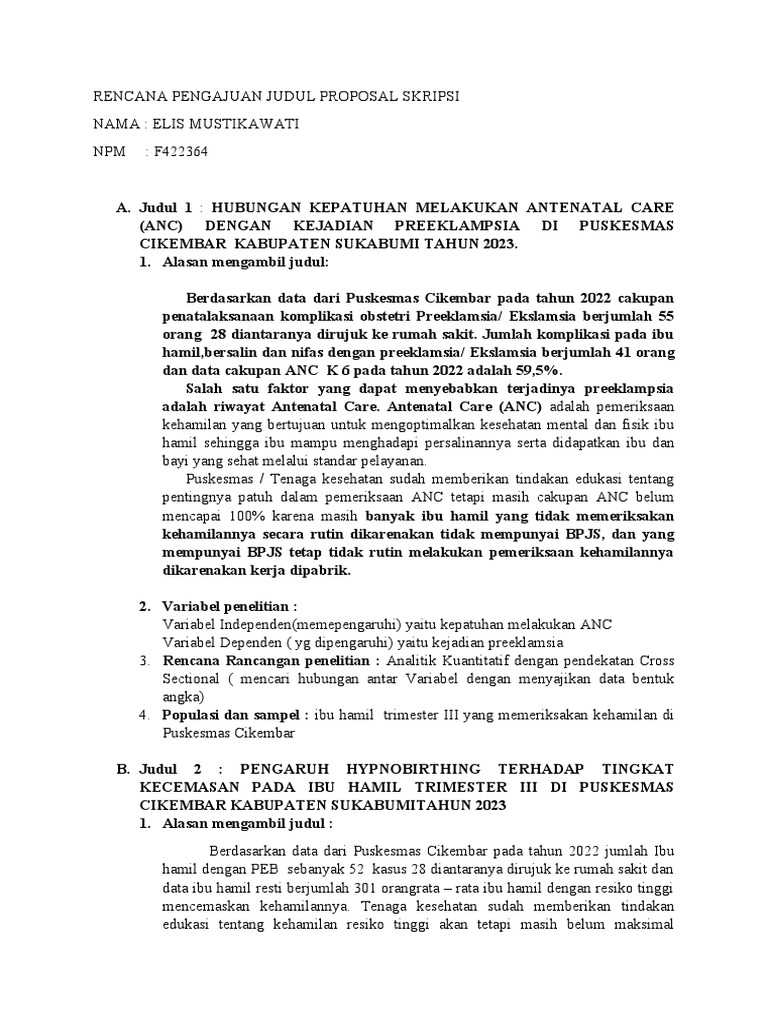 RENCANA PENGAJUAN JUDUL PROPOSAL SKRIPSI Elis | PDF