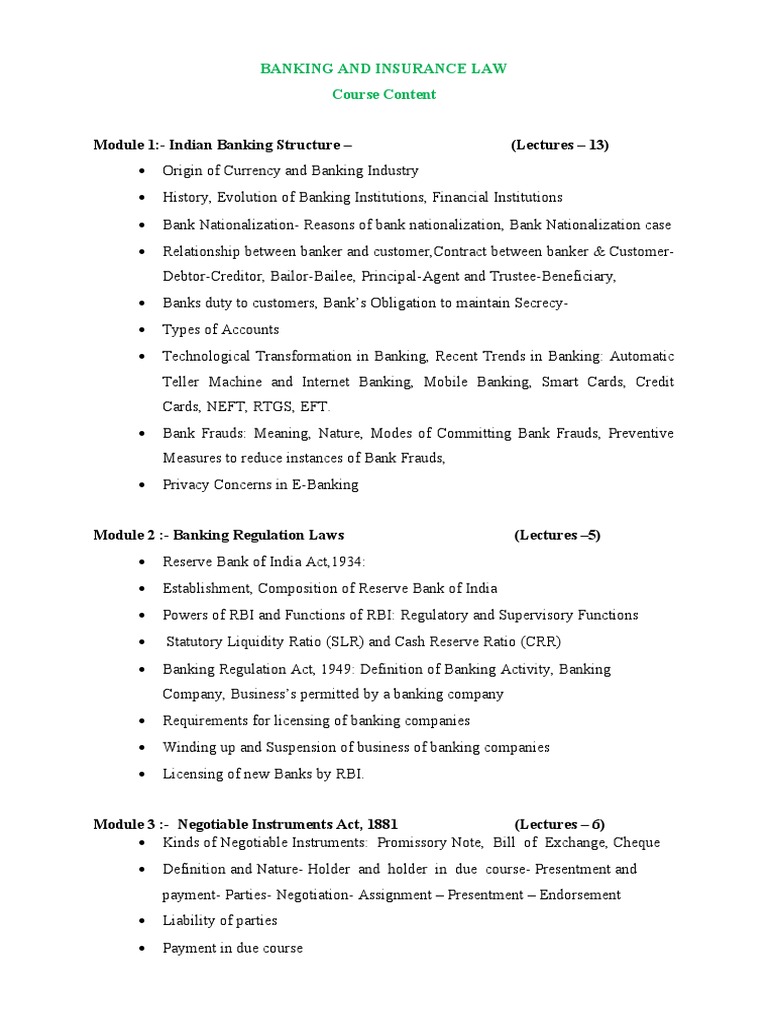 Banking and Insurance Law Syllabus | PDF | Banks | Reserve Bank Of India