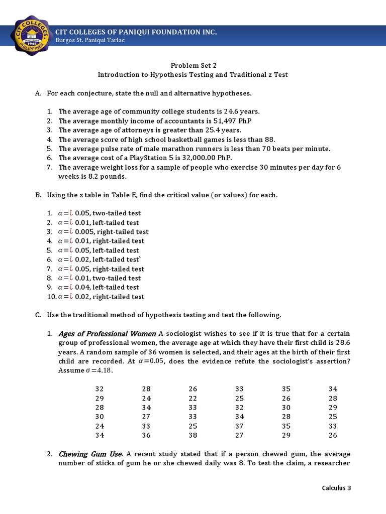 Hypothesis Testing z Tests CIT Colleges | PDF | Hypothesis | Statistics