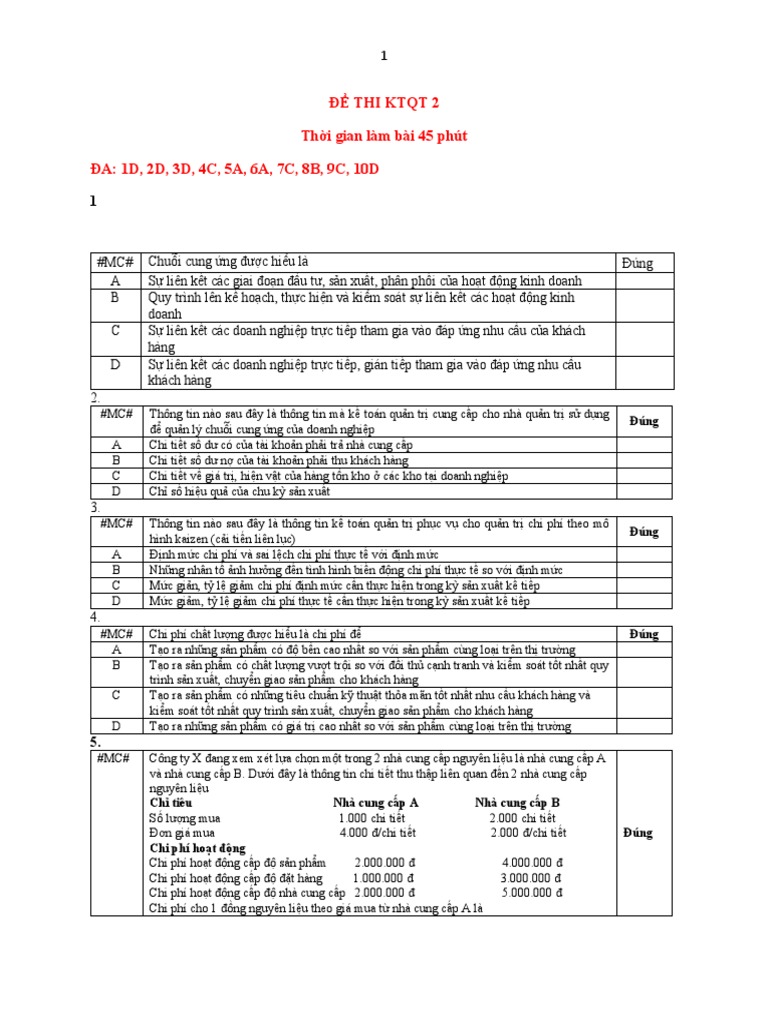 Đề Thi Ktqt 2 Thời gian làm bài 45 phút ĐA: 1D, 2D, 3D, 4C, 5A, 6A, 7C ...