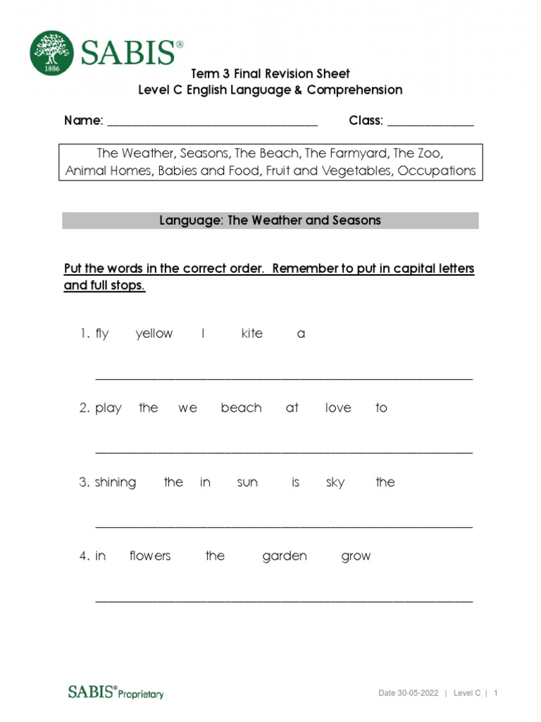 Level C English Language Comprehension T3 Final Revision Sheet Pdf 