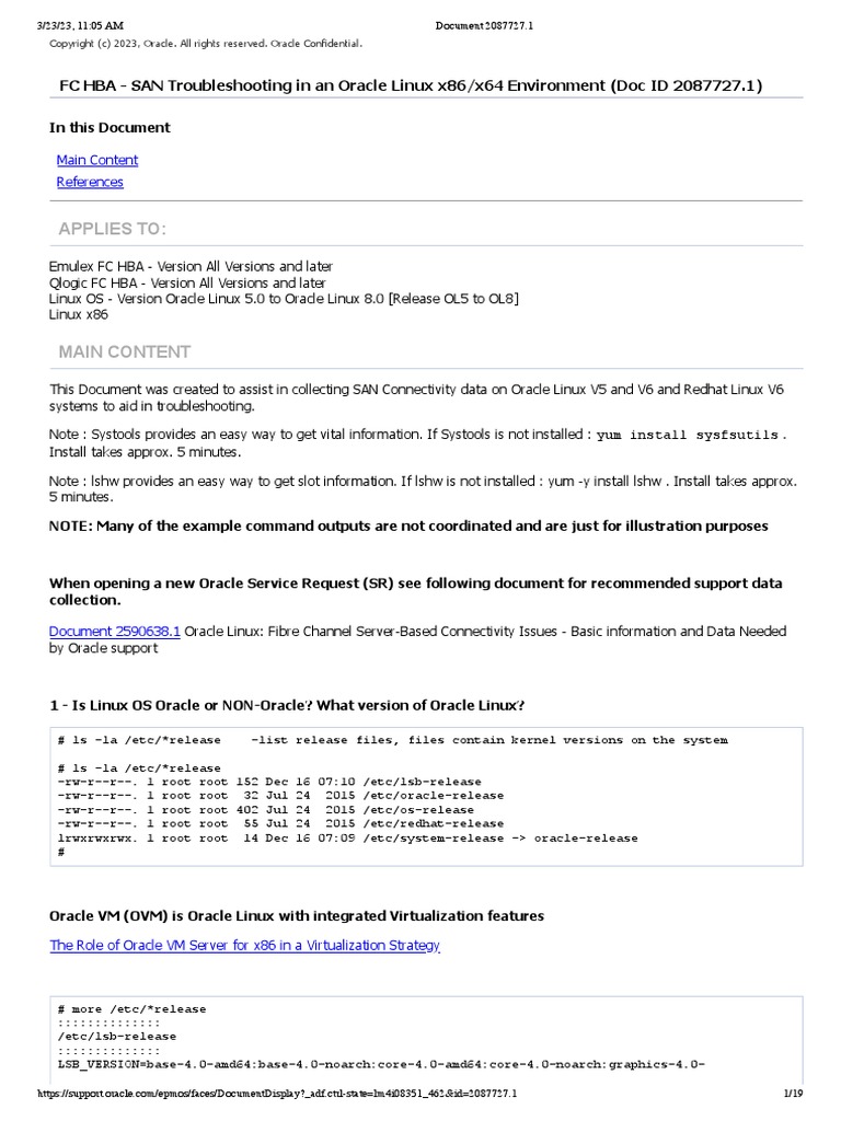 FC HBA - SAN Troubleshooting in An Oracle Linux x86:x64 Environment (Doc ID 2087727.1) | PDF ...