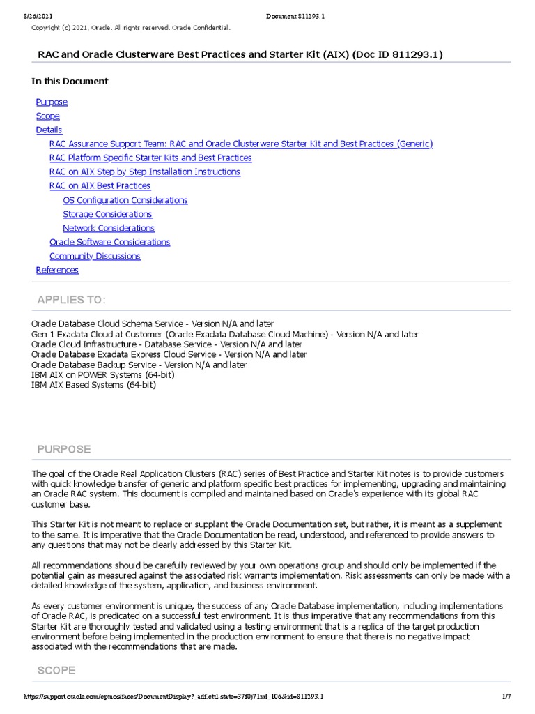 RAC and Oracle Clusterware Best Practices and Starter Kit (AIX) (Doc ID 811293.1) | PDF