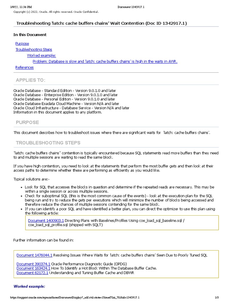 Troubleshooting 'Latch - Cache Buffers Chains' Wait Contention (Doc ID 1342917.1) | PDF