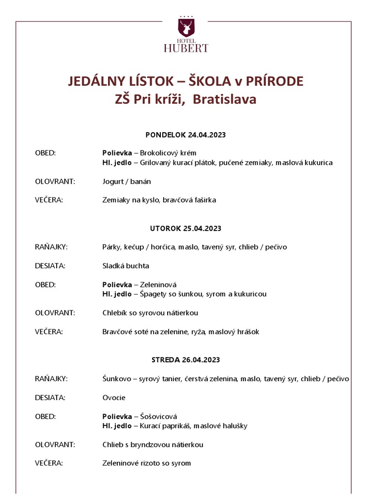 Jedalny listok_ŠvP | PDF