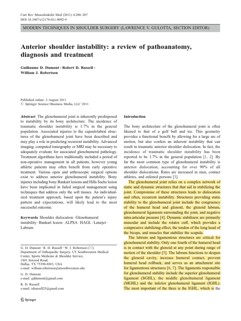 Anterior Shoulder Instability A Review of Pathoanatomy | PDF | Shoulder ...