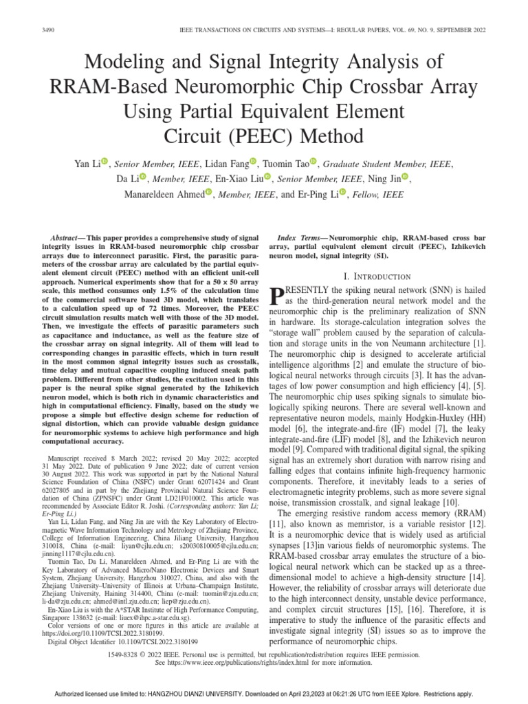 Modeling and Signal Integrity Analysis of RRAM-Based Neuromorphic Chip Crossbar Array Using ...