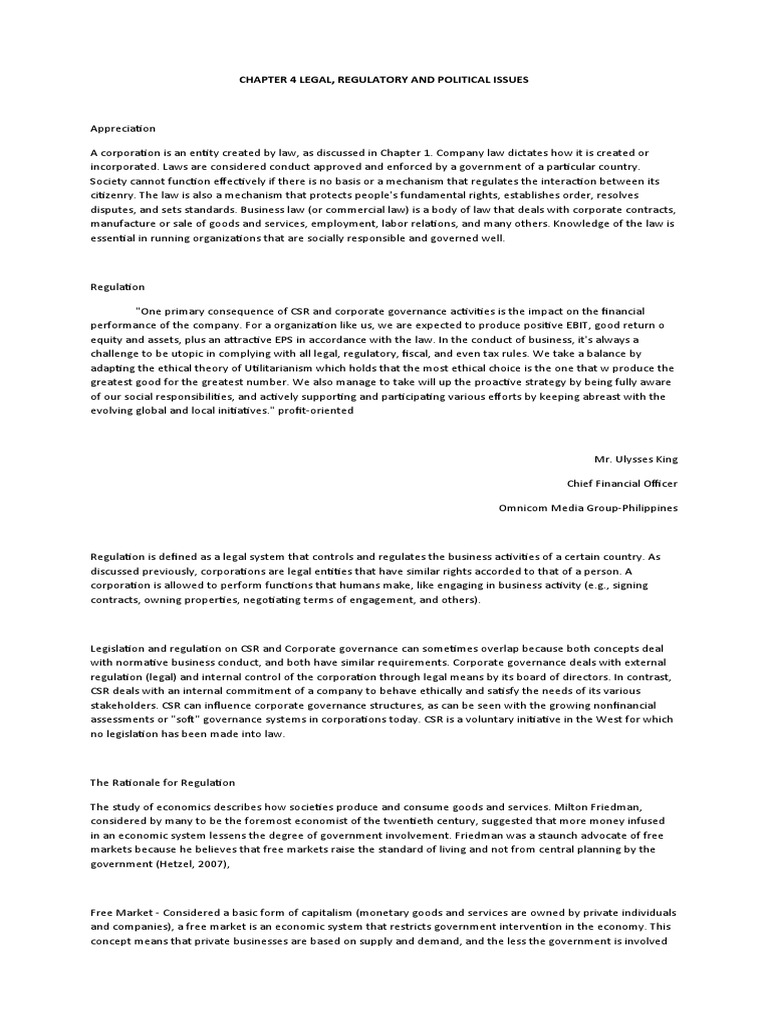 Chapter 4 Legal Regulatory and Political Issues | PDF | Corporate ...