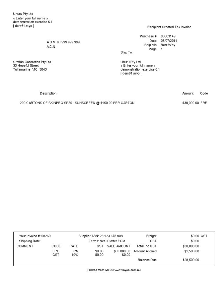 Invoice for Cretian Cosmetics | PDF