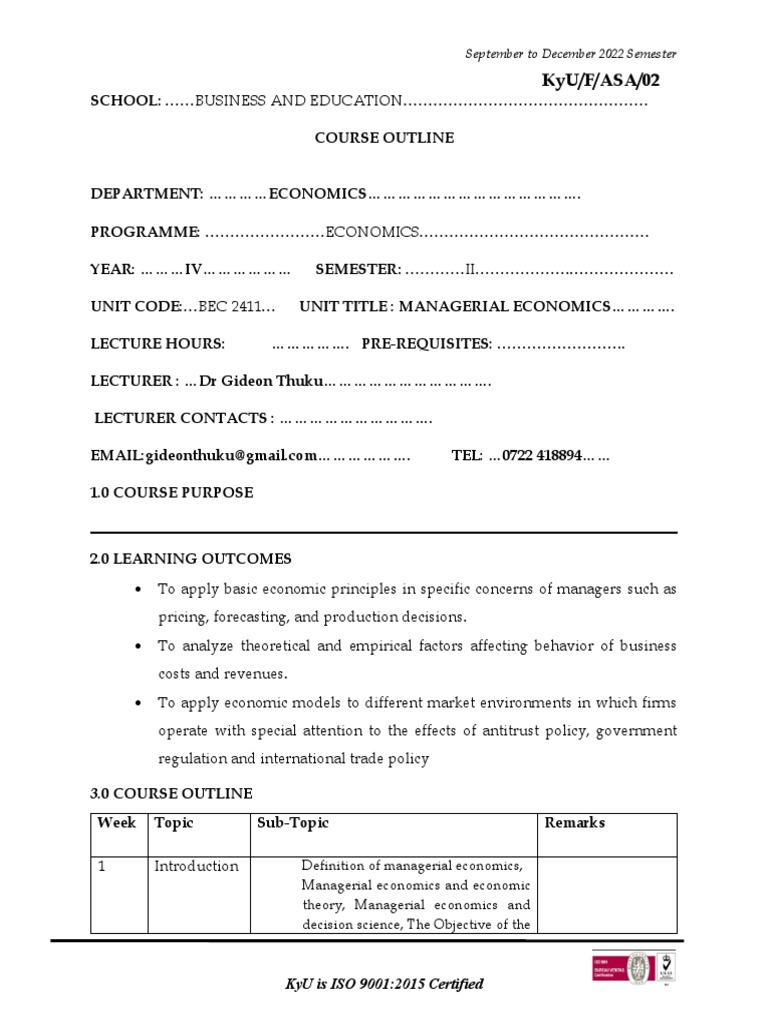 Managerial Economics Course Outline Pdf Demand Risk