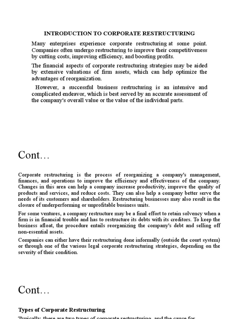 Introduction To Corporate Restructuring | PDF | Mergers And Acquisitions | Debt