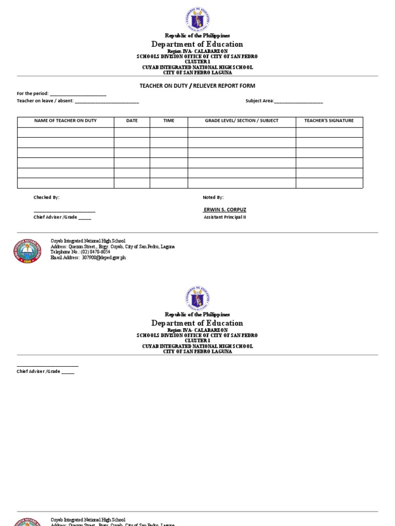 Teacher On Duty Reliever Form | PDF | Government | Public Administration