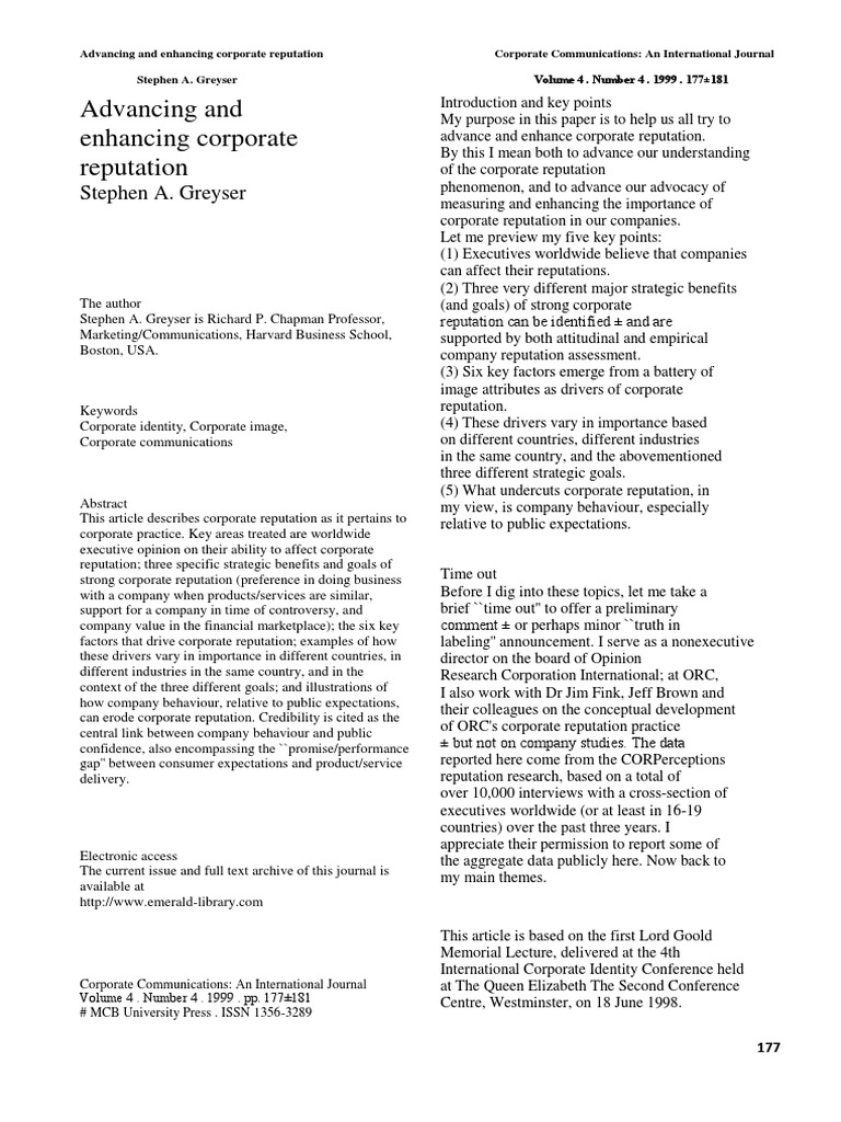 Greyser, Stephen A. (1999) - Advancing and Enhancing Corporate ...