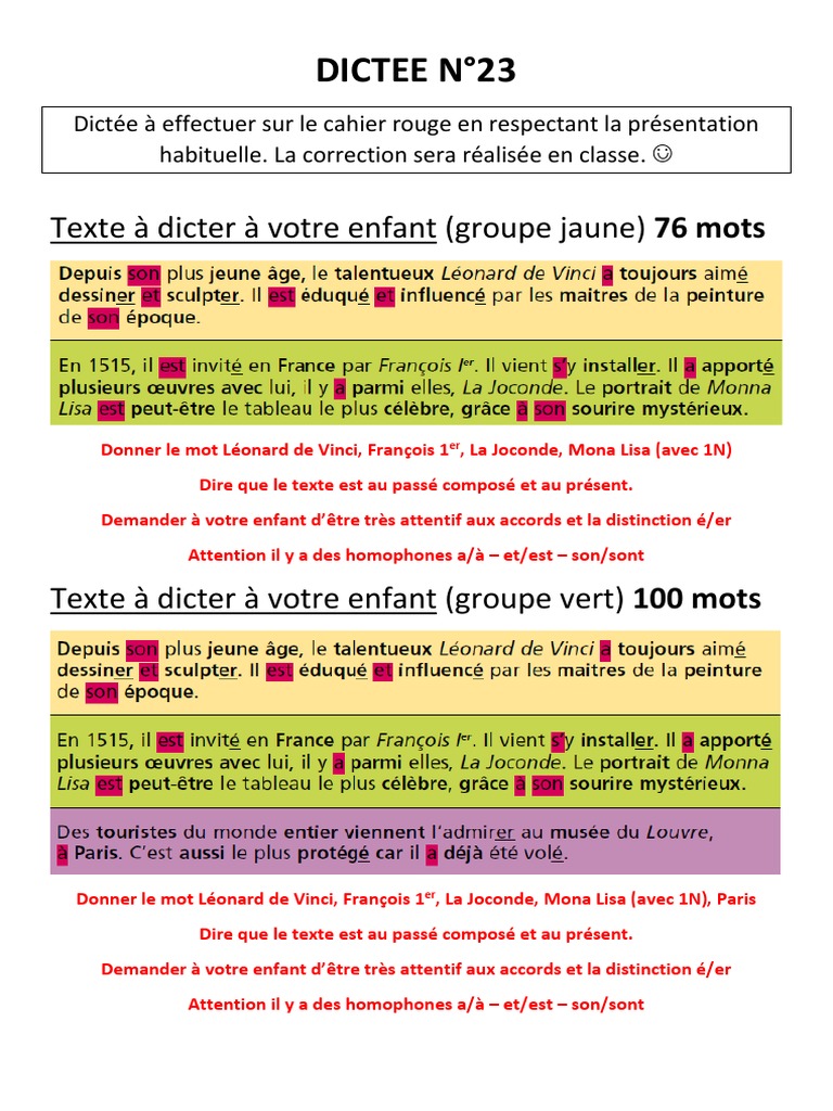 Dictée N°23 : La Joconde et Léonard | PDF | Arts du langage et ...