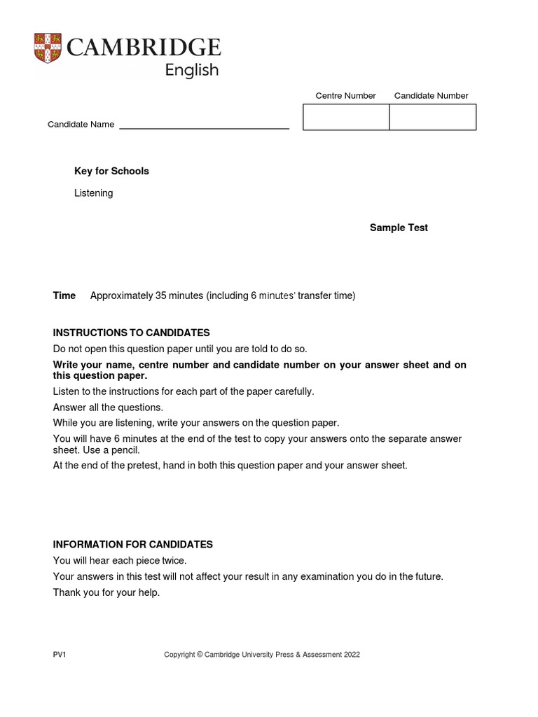 A2 Key For Schools 2022 Sample Tests Listening - Question Paper | PDF