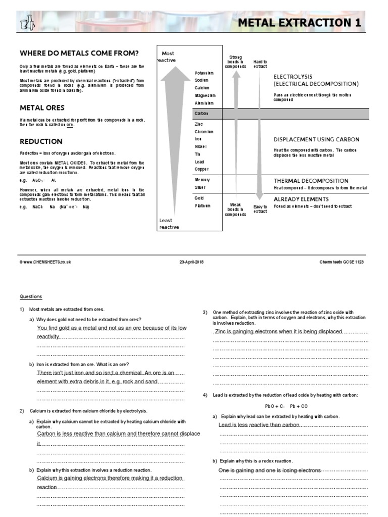 Chemsheets GCSE 1123 Metal Extraction 1 | PDF | Metals | Sodium