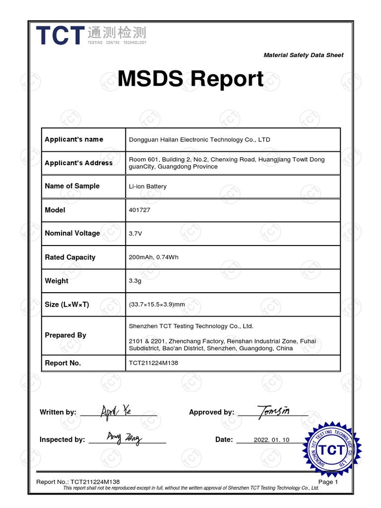 200mah Smart watch-TCT211224M138 - 海兰 - 401727 - MSDS | PDF | Dangerous ...