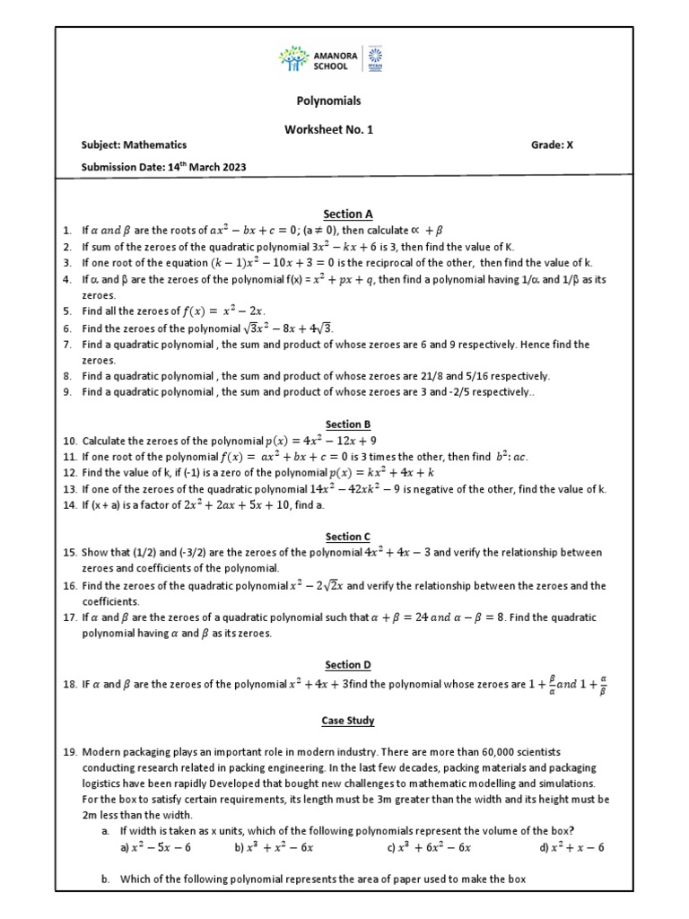 Grade X - Maths - Polynomials - Worksheet | PDF | Zero Of A Function ...