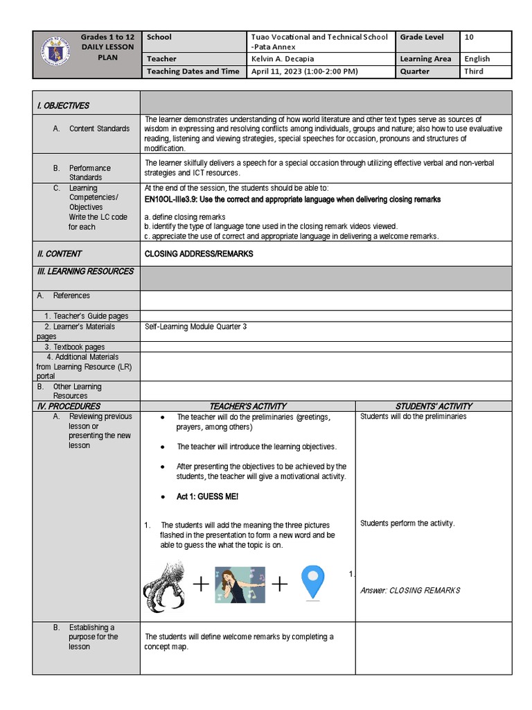 Sample Closing Remarks in Lesson Plan | PDF | Teachers | Education Theory