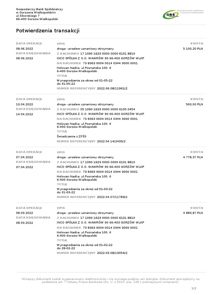 Potwierdzenia Transakcji | PDF