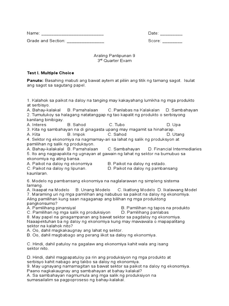 Test I. Multiple Choice Panuto: Basahing Mabuti Ang Bawat Aytem at ...