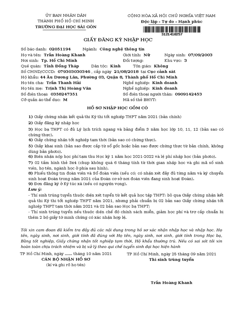 Giay Dang Ky Nhap Hoc | PDF