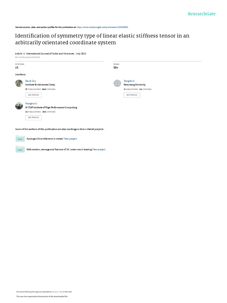 Identification of Symmetry Type of Linear Elastic Stiffness Tensor in An Arbitrarily Orientated ...