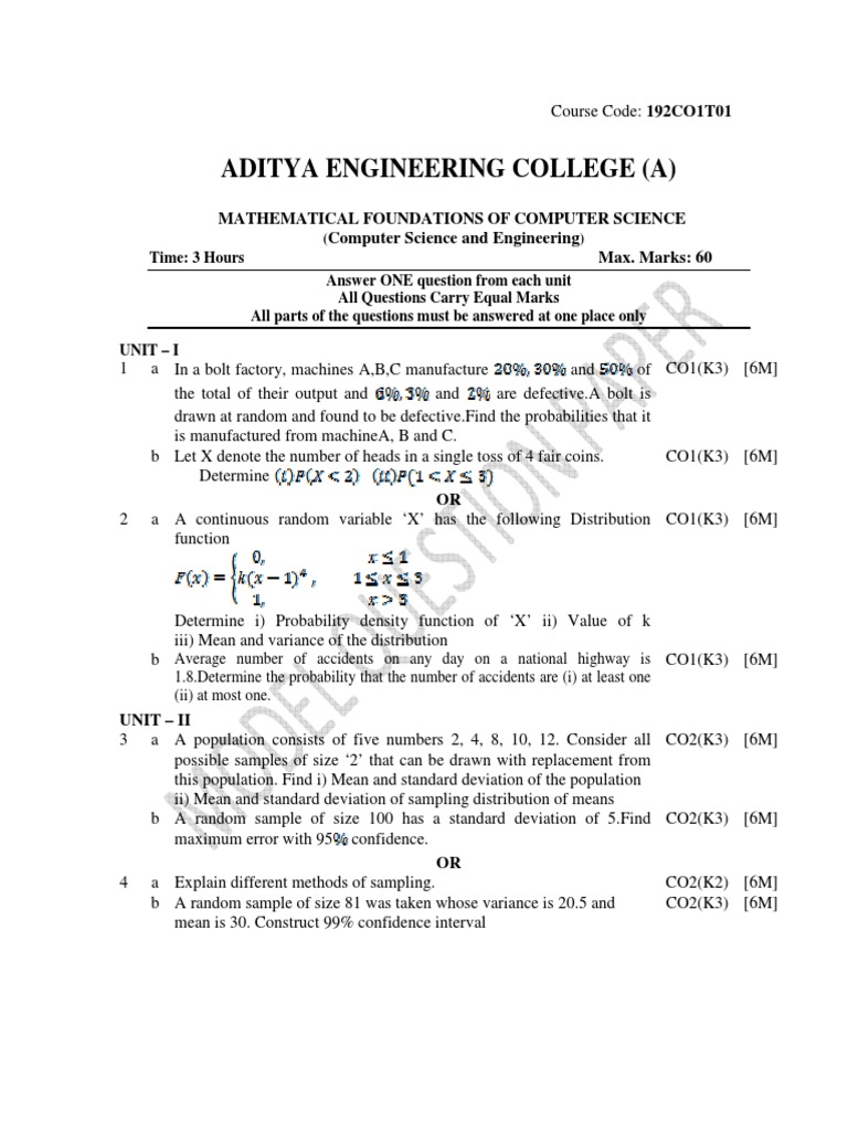 MFCS Model Question Paper | PDF | Standard Deviation | Probability Distribution