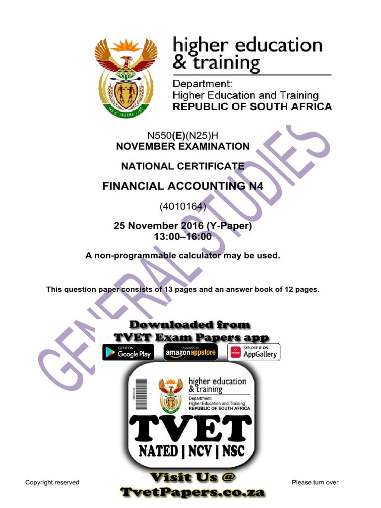 N4 Financial Accounting November 2016 | PDF | Debits And Credits ...