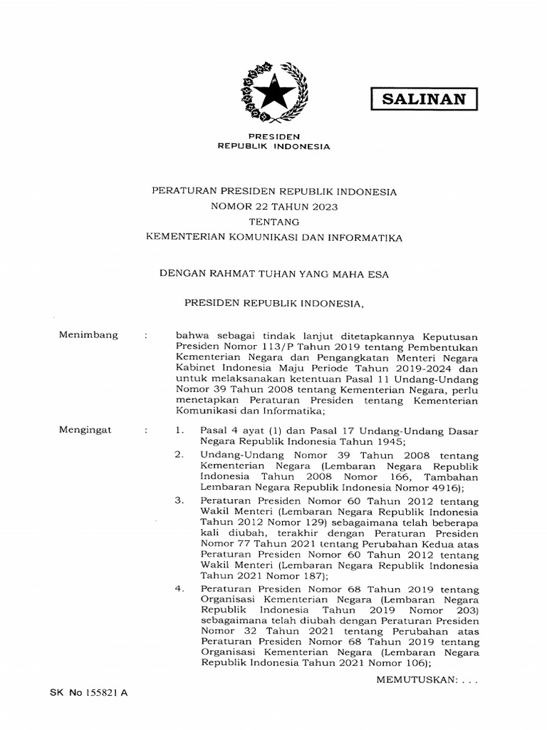 Salinan Perpres Nomor 22 Tahun 2023 | PDF