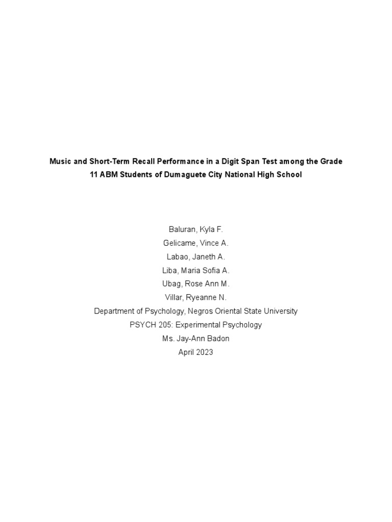 Music and Short Term Recall Performance in A Digit-Span Test Among The ...