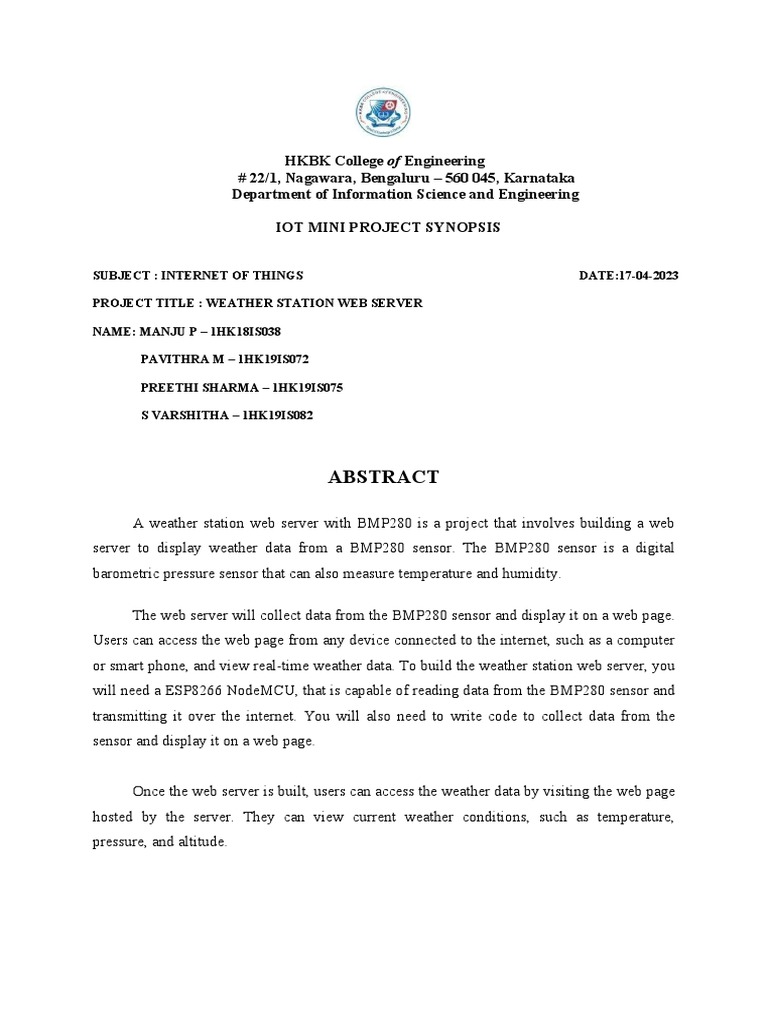 IOT MINI PROJECT Synopsis | PDF