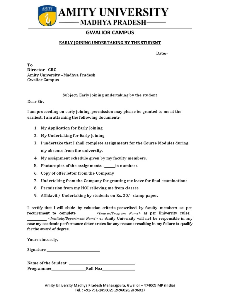 Gwalior Campus: Early Joining Undertaking by The Student | PDF