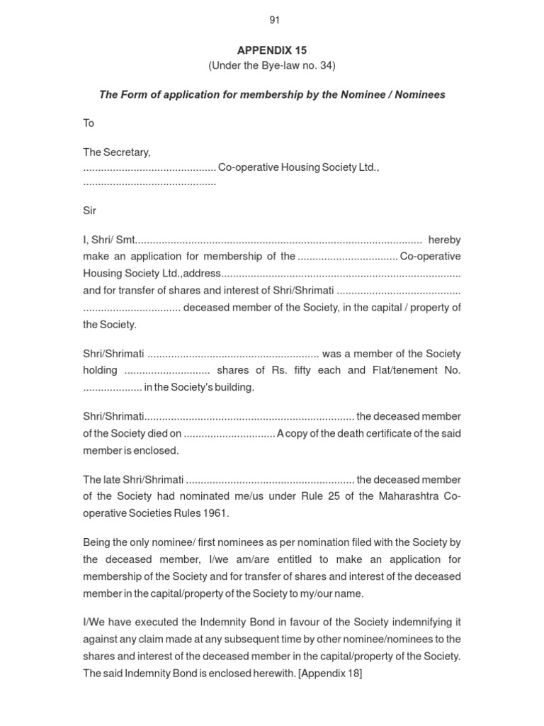 The Form of Application For Membership by The Nominee / Nominees ...
