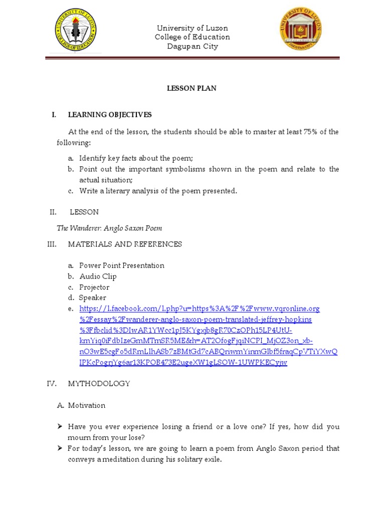 Lesson Plan I. Learning Objectives: The Wanderer: Anglo Saxon Poem ...